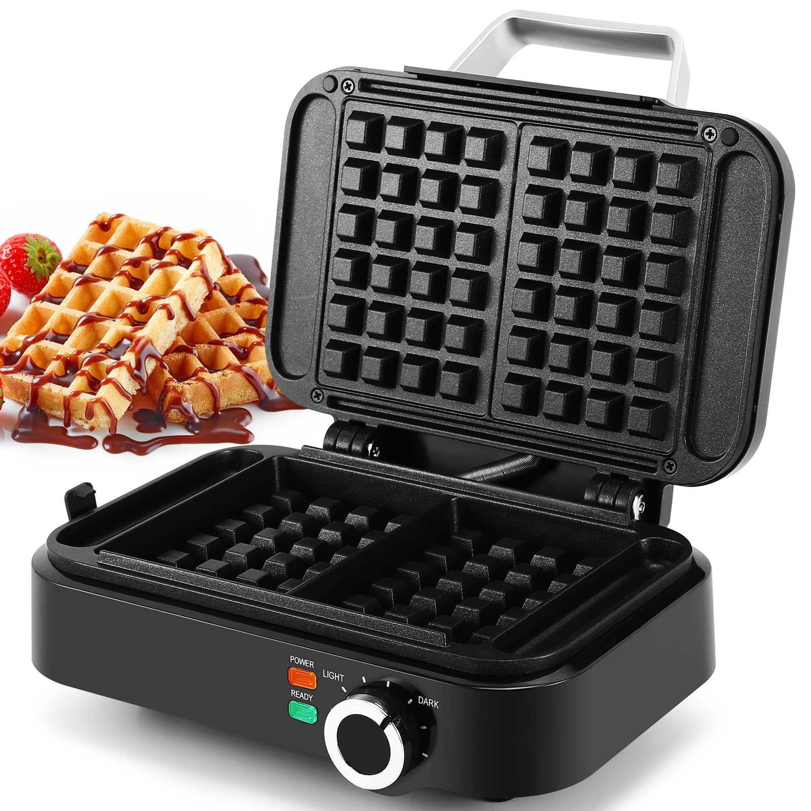 Belgian Waffle Maker MONXOOK, Non-Stick Waffle Iron with 6 Browning Control, Makes 2 Slices of 1" Thick Waffles, Mess-Free Sides, PFOA Free, Stainless Steel/Black