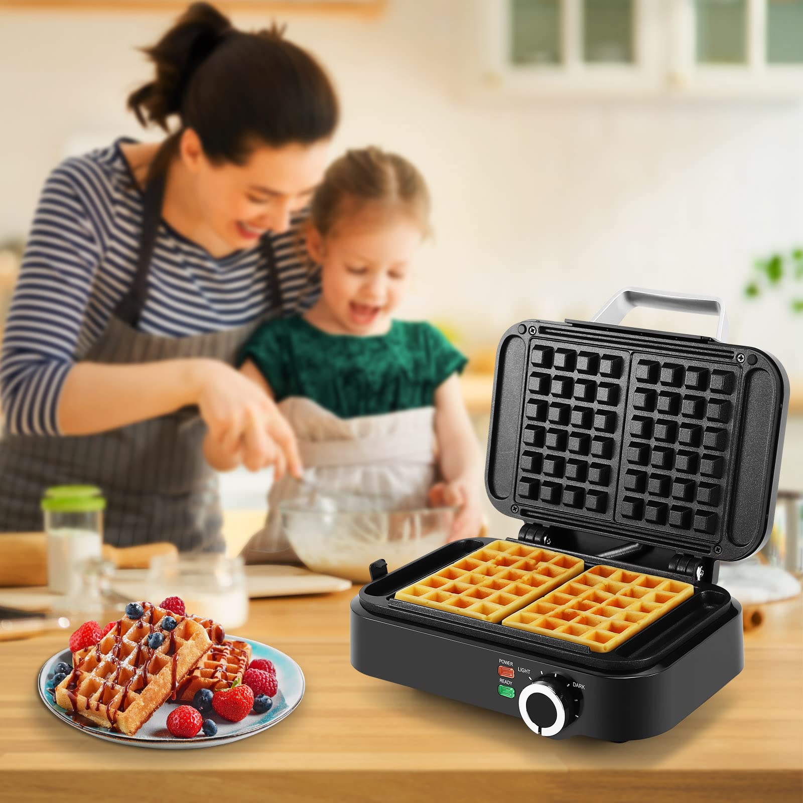 Belgian Waffle Maker MONXOOK, Non-Stick Waffle Iron with 6 Browning Control, Makes 2 Slices of 1" Thick Waffles, Mess-Free Sides, PFOA Free, Stainless Steel/Black