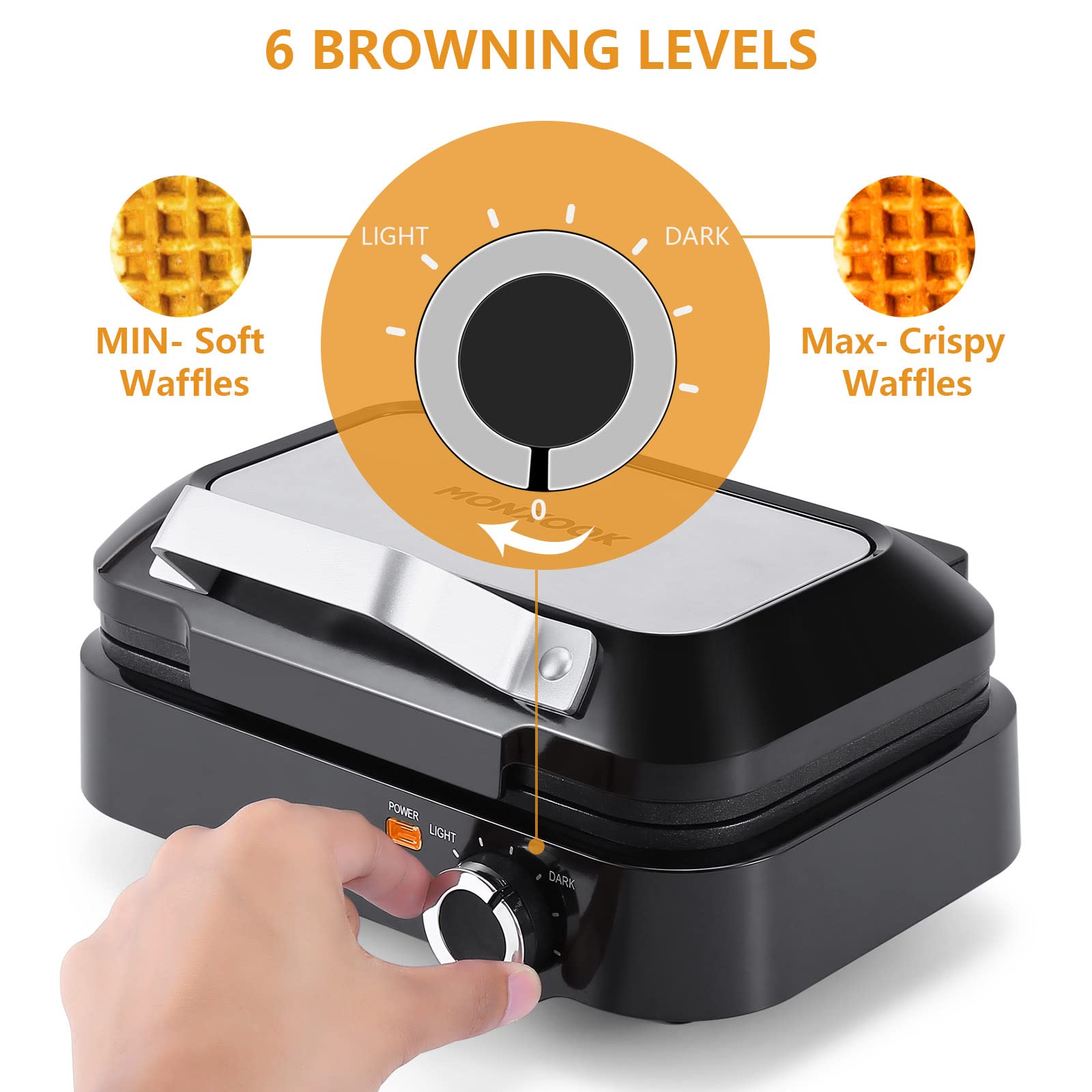 Belgian Waffle Maker MONXOOK, Non-Stick Waffle Iron with 6 Browning Control, Makes 2 Slices of 1" Thick Waffles, Mess-Free Sides, PFOA Free, Stainless Steel/Black