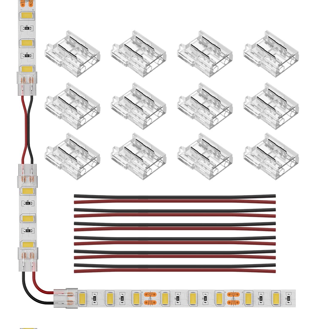 SEZO 3528 5630 5730 5050 UV Light Strip Connectors Kit 12PCS 2PIN 10mm Transparent Unwired Gapless Solderless LED Light Strip to Wire Connectors + 6PCS 15cm Long 20AWG Extension Wire