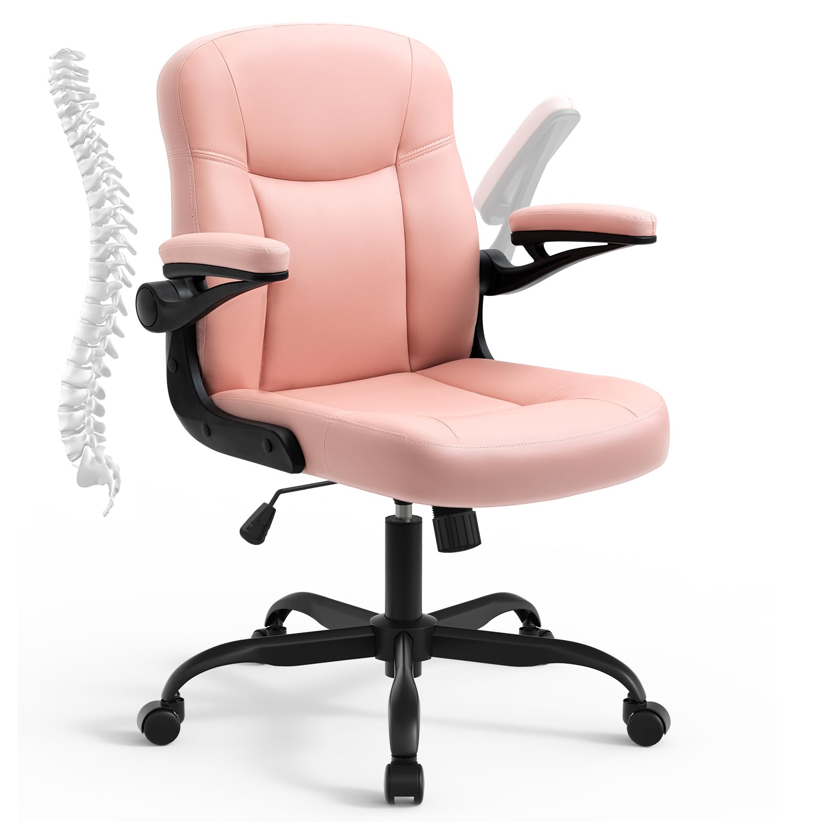 YAMASORO Executive Office Chair Pink Mid-Back Office Desk Chairs with Wheels and Flip-up Arms Leather Computer Chair for Girls,Women