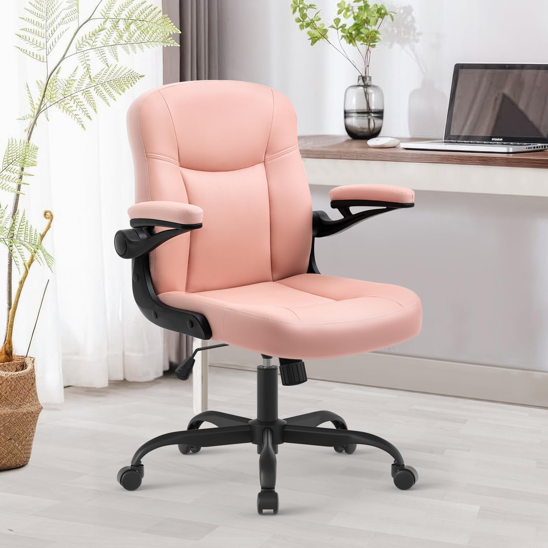 YAMASORO Executive Office Chair Pink Mid-Back Office Desk Chairs with Wheels and Flip-up Arms Leather Computer Chair for Girls,Women