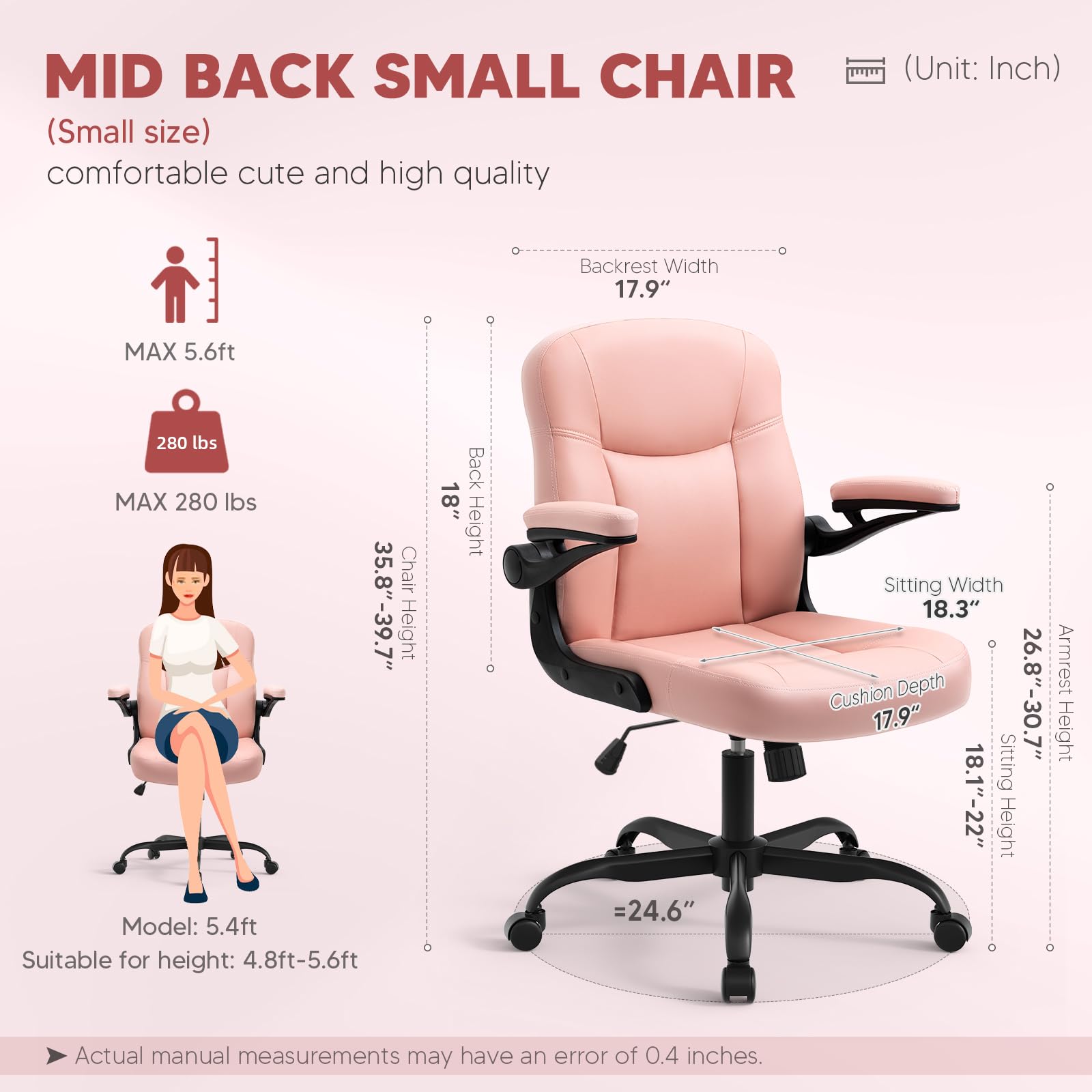 YAMASORO Executive Office Chair Pink Mid-Back Office Desk Chairs with Wheels and Flip-up Arms Leather Computer Chair for Girls,Women