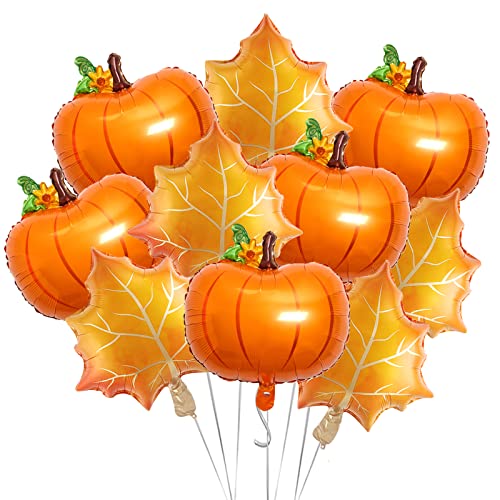 10Pcs Thanksgiving Balloons Decorations Orange Maple Leaf Foil Balloons Pumpkin Mylar Balloons for Fall Autumn Harvest Thanksgiving Themed Birthday Baby Shower Party Decorations Supplies