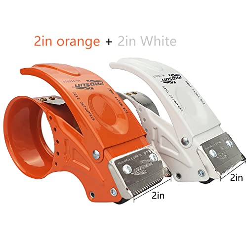 PROSUN 2 Pack Metal Packing Tape Dispenser Gun: 2-inch Wide Tape dispensers/3-Inch Inner Paper Core(2"Orange+2"White)