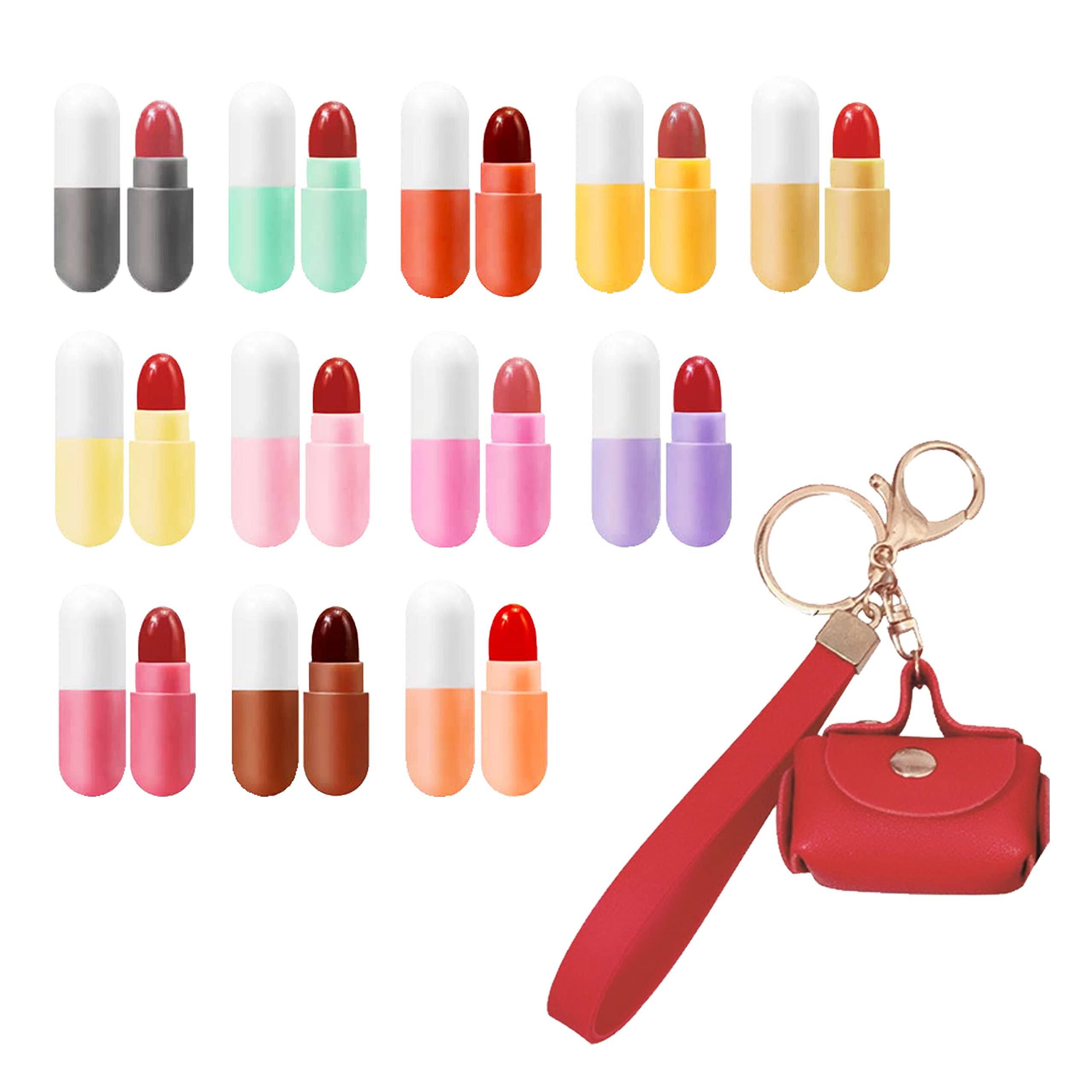 12 Pill Lipstick with 1 Cute Mini Red Leather Bag Key-chain Pouch - Mini Lipstick Velvet Matte, Smooth and Moisturizing Pill Lipsticks, Long-Lasting, Portable and Charming Look All Day Long