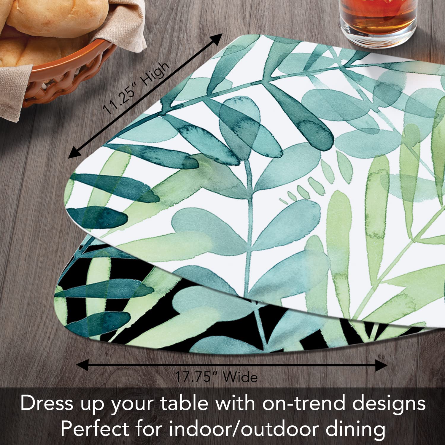 CounterArt Gossamer Palms 4 Pack Wedge Shaped Reversible Easy Care Flexible Plastic Placemats Made in The USA 17.75" x 11.25" Colorful, Reversible, Easily Wipes Clean