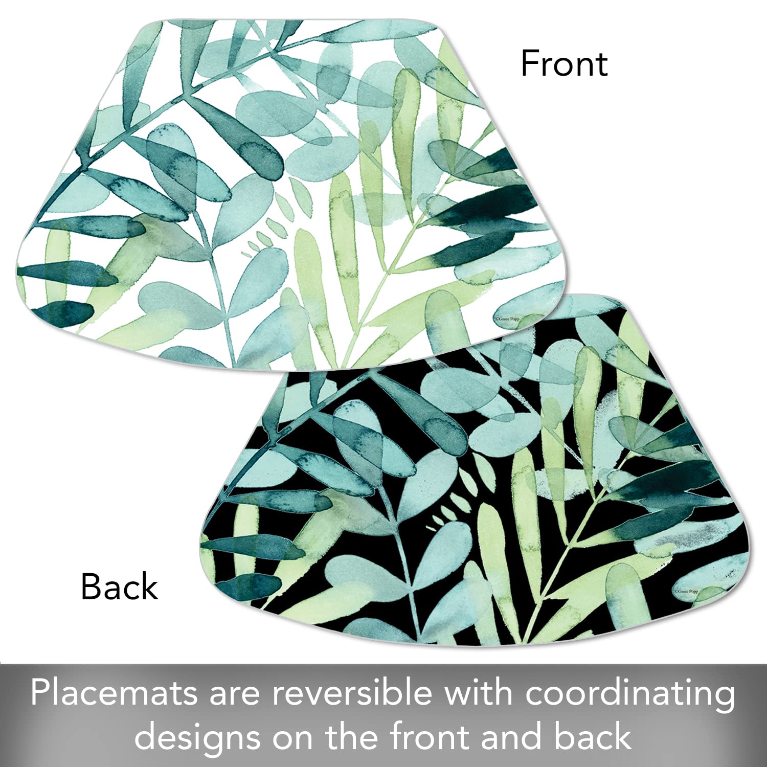 CounterArt Gossamer Palms 4 Pack Wedge Shaped Reversible Easy Care Flexible Plastic Placemats Made in The USA 17.75" x 11.25" Colorful, Reversible, Easily Wipes Clean