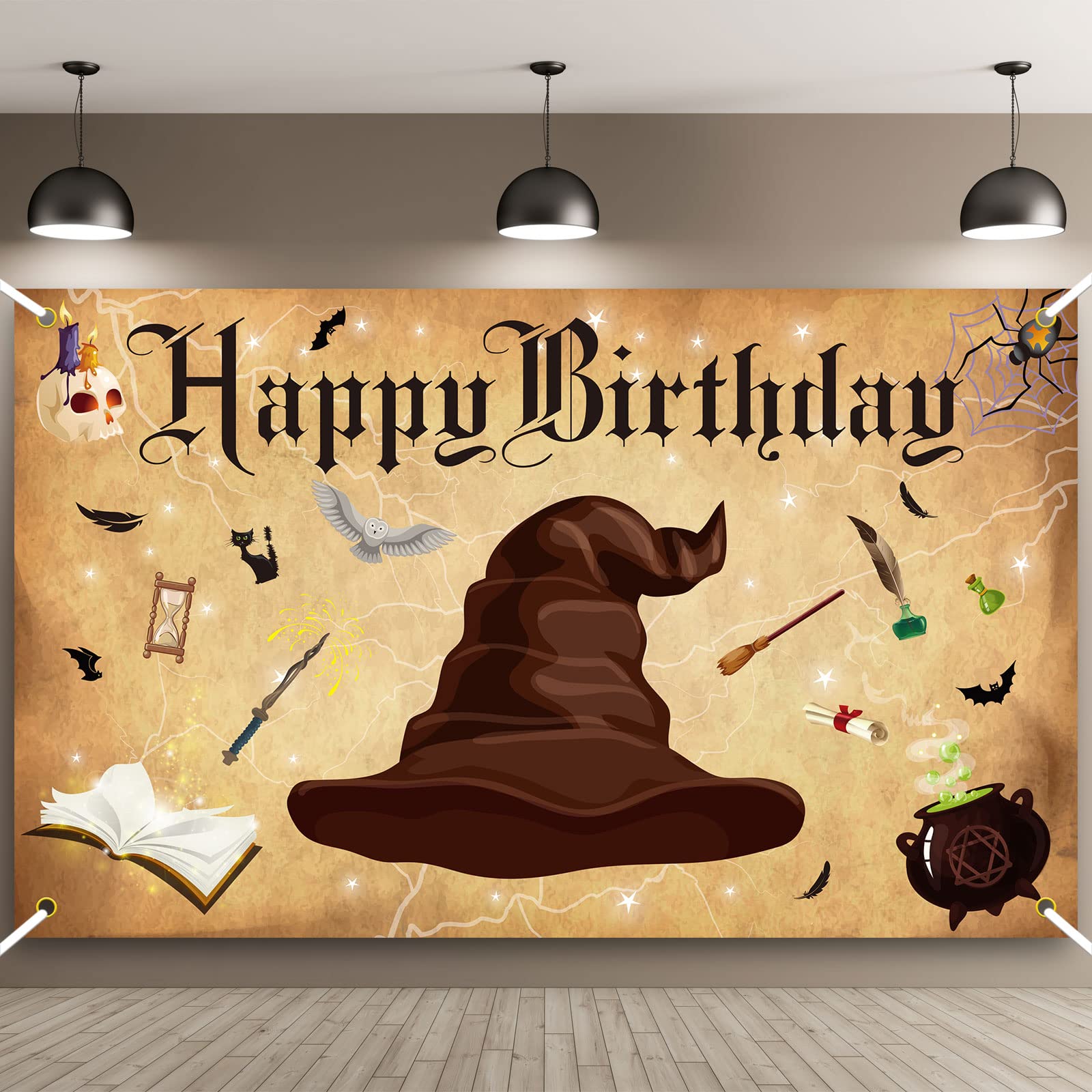 Remerry Magic Wizard Happy Birthday Party Supplies Halloween Magical Wizard Banner Backdrop Wizard Hat Party Background Photo Booth for Boys Girls Birthday Halloween Wall Decoration, 6 x 3.6 Feet