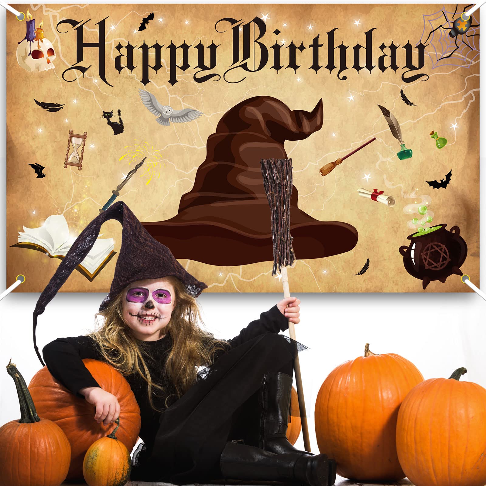 Remerry Magic Wizard Happy Birthday Party Supplies Halloween Magical Wizard Banner Backdrop Wizard Hat Party Background Photo Booth for Boys Girls Birthday Halloween Wall Decoration, 6 x 3.6 Feet