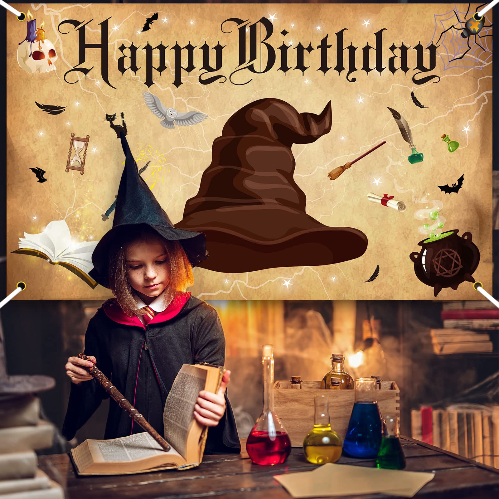 Remerry Magic Wizard Happy Birthday Party Supplies Halloween Magical Wizard Banner Backdrop Wizard Hat Party Background Photo Booth for Boys Girls Birthday Halloween Wall Decoration, 6 x 3.6 Feet