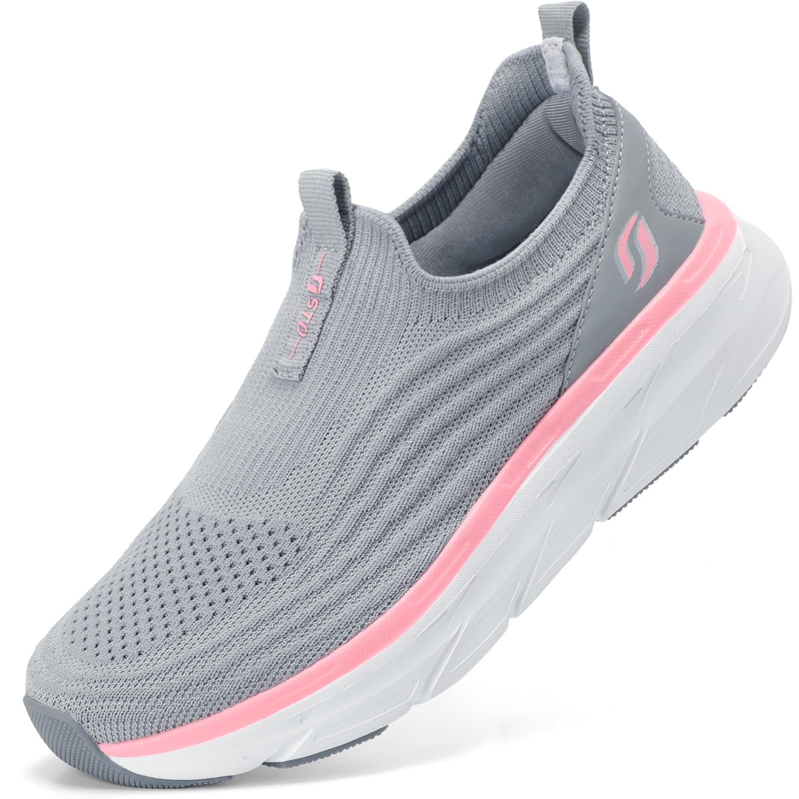 STQ Slip on Tennis Shoes for Women Supportive Walking Shoes Cushioned Fashion Sneakers Arch Support Jogging Shoes for Workout Grey Pink 8 US