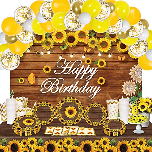 GOGOGPARTY Sunflower Birthday Party Supplies Decorations Serve 16 Guests Include Sunflower Paper Plates Napkins Tablecloth Backdrop Balloons for Sunflower Birthday Baby Shower Bridal Shower Wedding