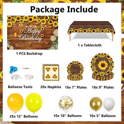 GOGOGPARTY Sunflower Birthday Party Supplies Decorations Serve 16 Guests Include Sunflower Paper Plates Napkins Tablecloth Backdrop Balloons for Sunflower Birthday Baby Shower Bridal Shower Wedding