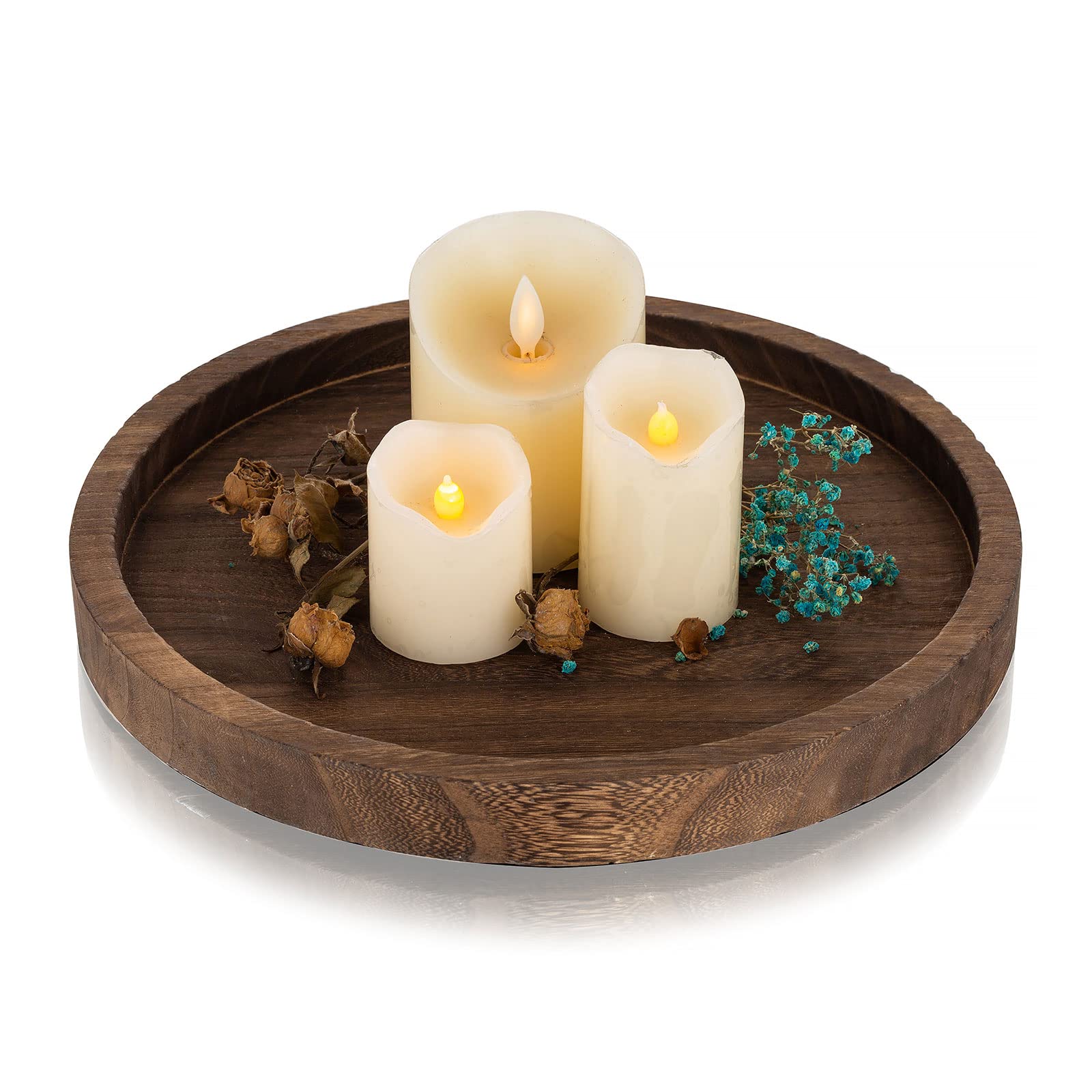 Wooden Decorative Tray Candle Holder: Romadedi Round Wood Tray Home Decor, Small Rustic Trays for Coffee Table, Ottoman, Table Centerpieces for Dining Room, Living Room, Farmhouse Kitchen