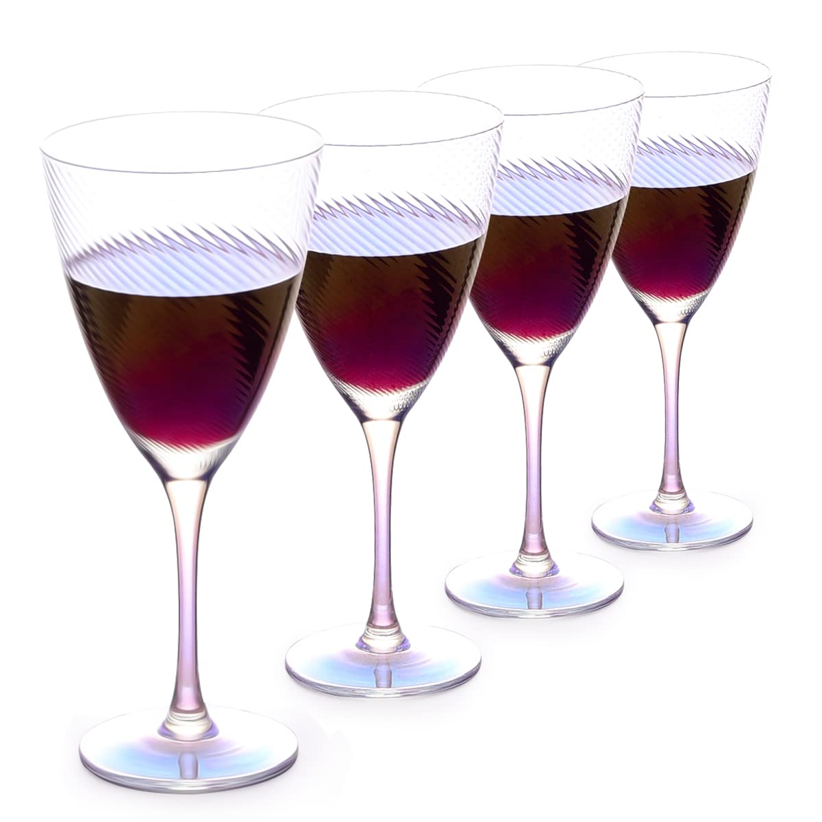 Red Wine Glasses Set of 4-Hand Blown Burgundy Glasses-15 OZ Ribbed Design Iridescent Drinkware for Valentine's Day, Anniversary, Birthday or Daily Use