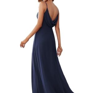 Ever-Pretty Women's V-Neck Sleeveless Front Ruched Maxi A-Line Wedding Guest Dresses Navy Blue US16