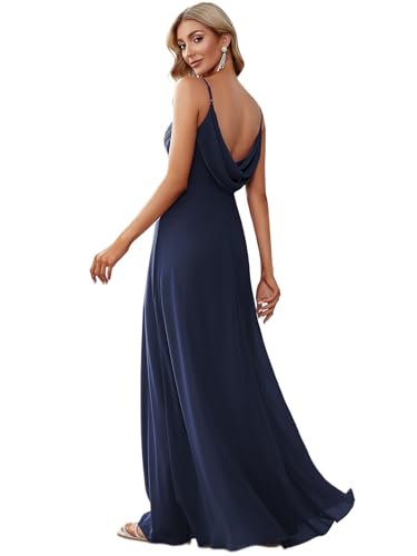 Ever-Pretty Women's V-Neck Sleeveless Front Ruched Maxi A-Line Wedding Guest Dresses Navy Blue US16