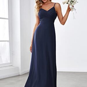 Ever-Pretty Women's V-Neck Sleeveless Front Ruched Maxi A-Line Wedding Guest Dresses Navy Blue US16