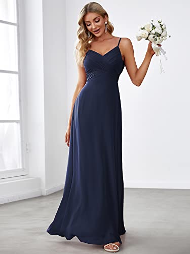 Ever-Pretty Women's V-Neck Sleeveless Front Ruched Maxi A-Line Wedding Guest Dresses Navy Blue US16