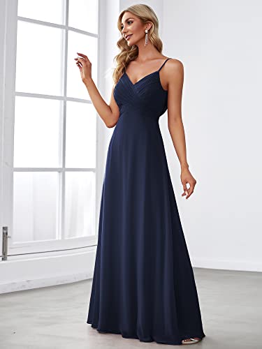 Ever-Pretty Women's V-Neck Sleeveless Front Ruched Maxi A-Line Wedding Guest Dresses Navy Blue US16