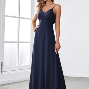 Ever-Pretty Women's V-Neck Sleeveless Front Ruched Maxi A-Line Wedding Guest Dresses Navy Blue US16