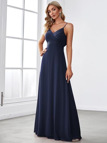 Ever-Pretty Women's V-Neck Sleeveless Front Ruched Maxi A-Line Wedding Guest Dresses Navy Blue US16