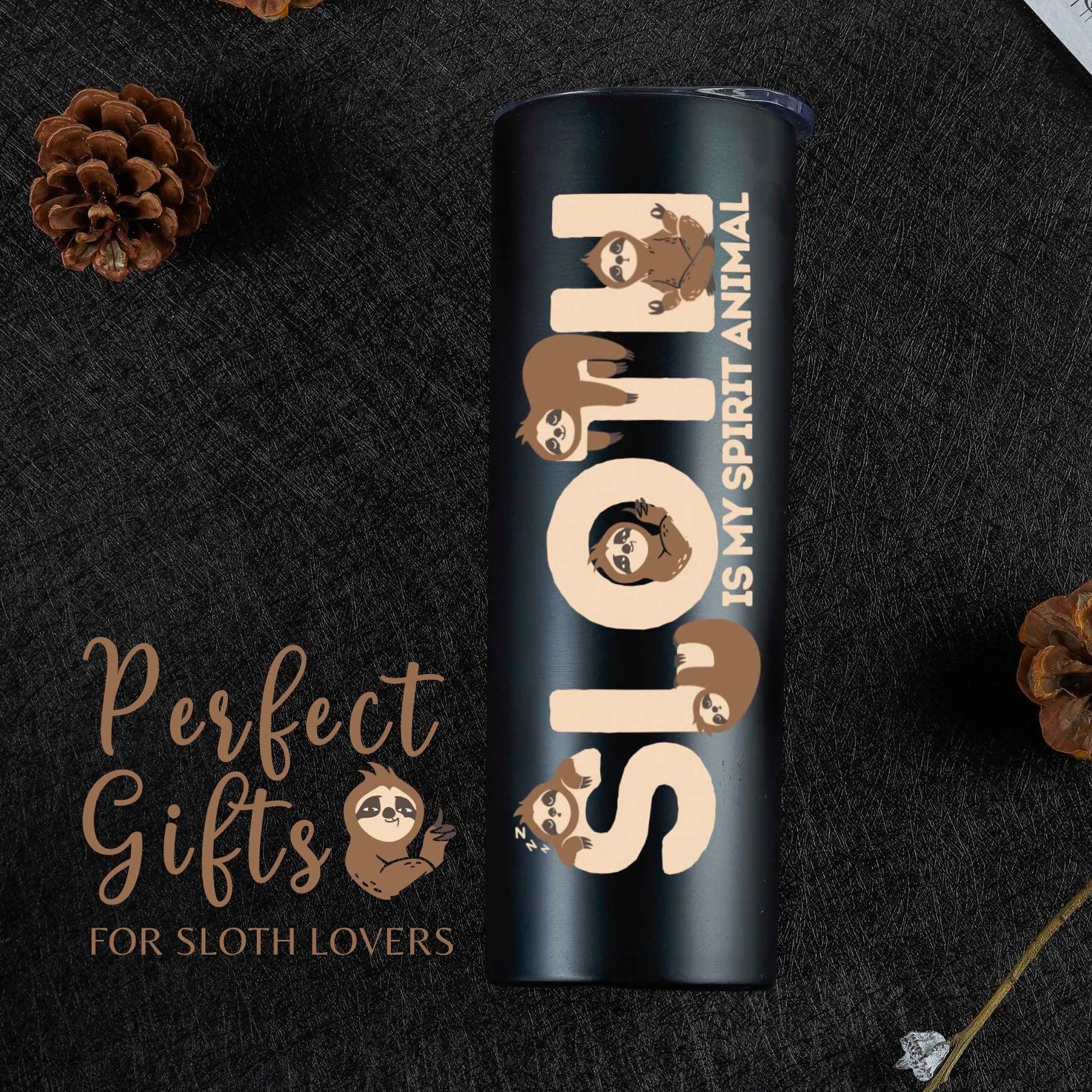 Onebttl Sloth Gifts for Women, 20oz Stainless Steel Insulated Wine Tumbler with Straw & Lid My Spirit Animal Black