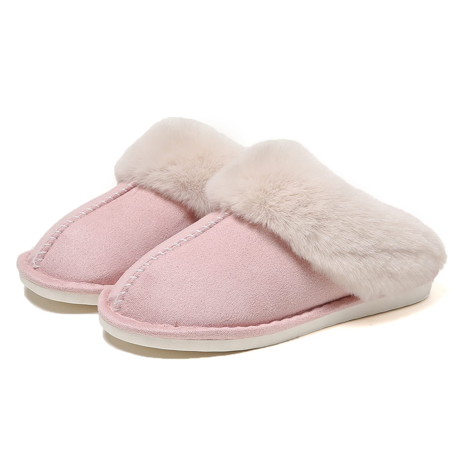 PLMOKN Women's fuzzy slippers men indoor and outdoor anti-skid rubber sole memory foam fluffy cute house bedroom pillow slides, A-pink/36-37