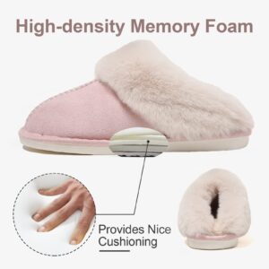 PLMOKN Women's fuzzy slippers men indoor and outdoor anti-skid rubber sole memory foam fluffy cute house bedroom pillow slides, A-pink/36-37