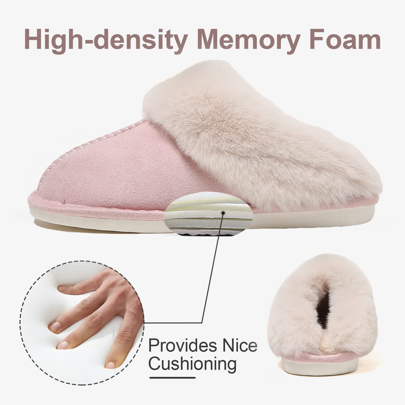 PLMOKN Women's fuzzy slippers men indoor and outdoor anti-skid rubber sole memory foam fluffy cute house bedroom pillow slides, A-pink/36-37