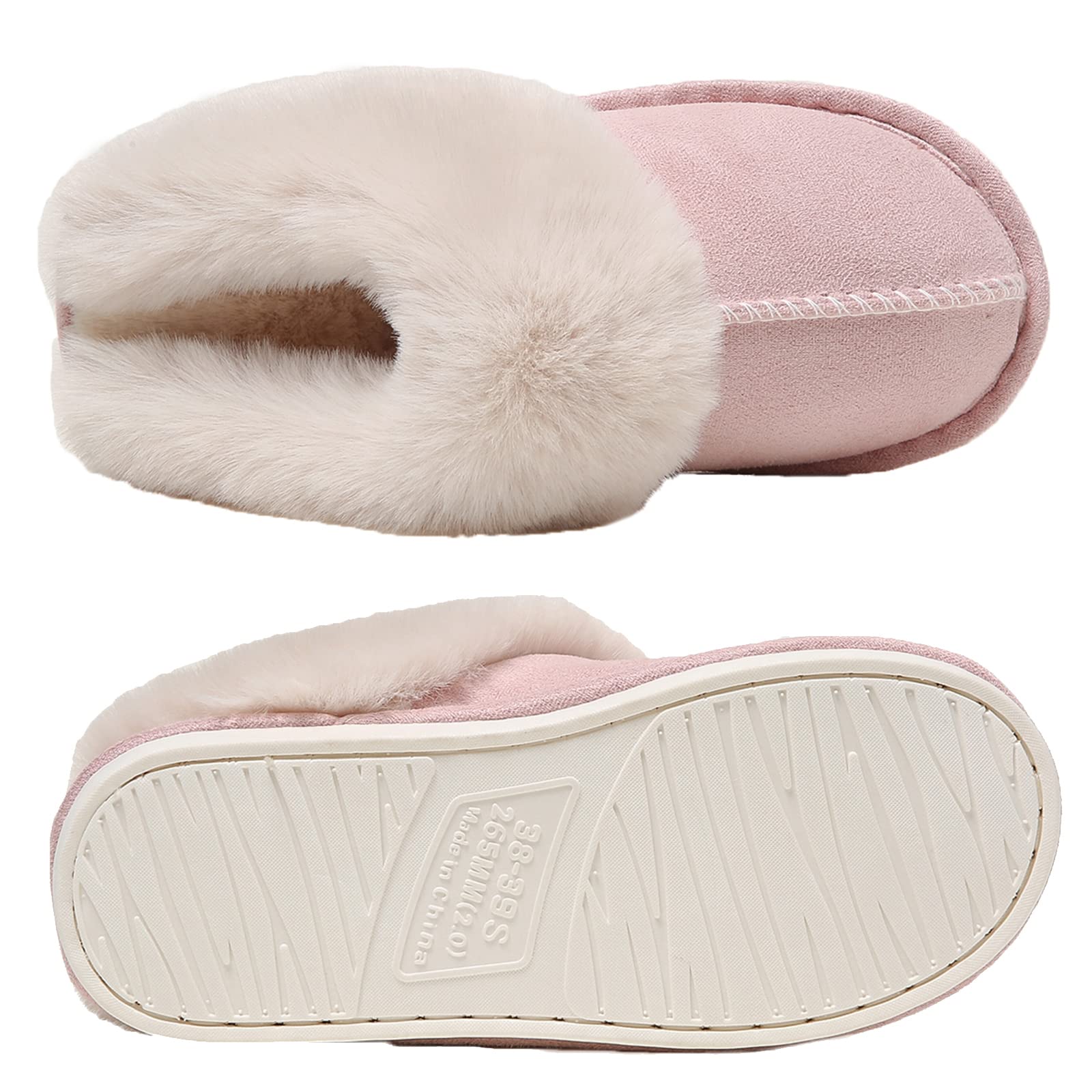 PLMOKN Women's fuzzy slippers men indoor and outdoor anti-skid rubber sole memory foam fluffy cute house bedroom pillow slides, A-pink/36-37