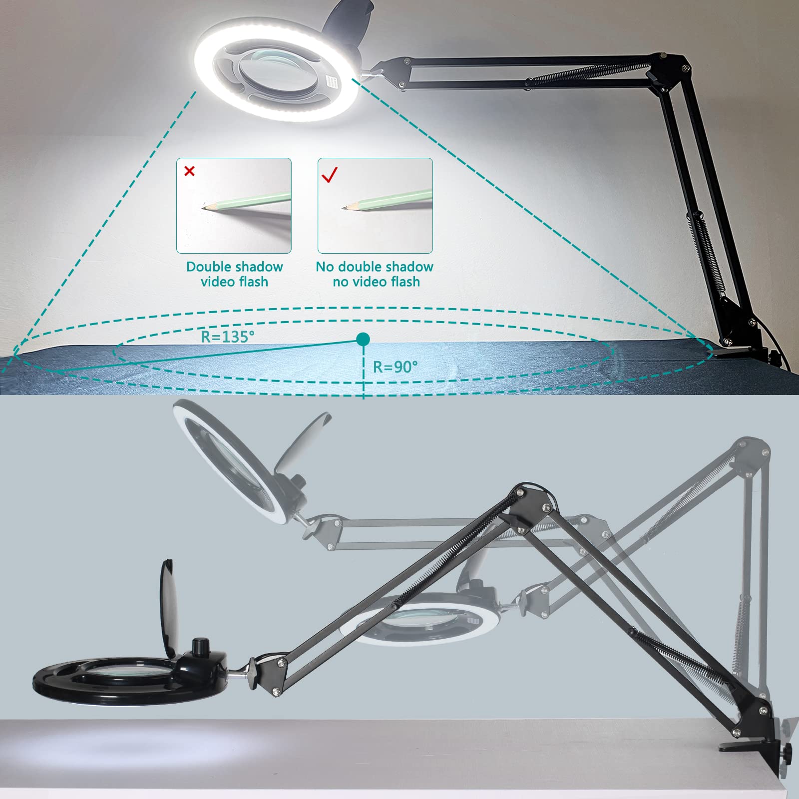 10X Desk Magnifying Glass with Light,NUEYiO 2200 Lumen Magnifying Lamp with Light, Super Bright Stepless Dimming Magnifier Lamp, Adjustable Swivel Arm Craft Lights for Projects Soldering Hobby Sewing