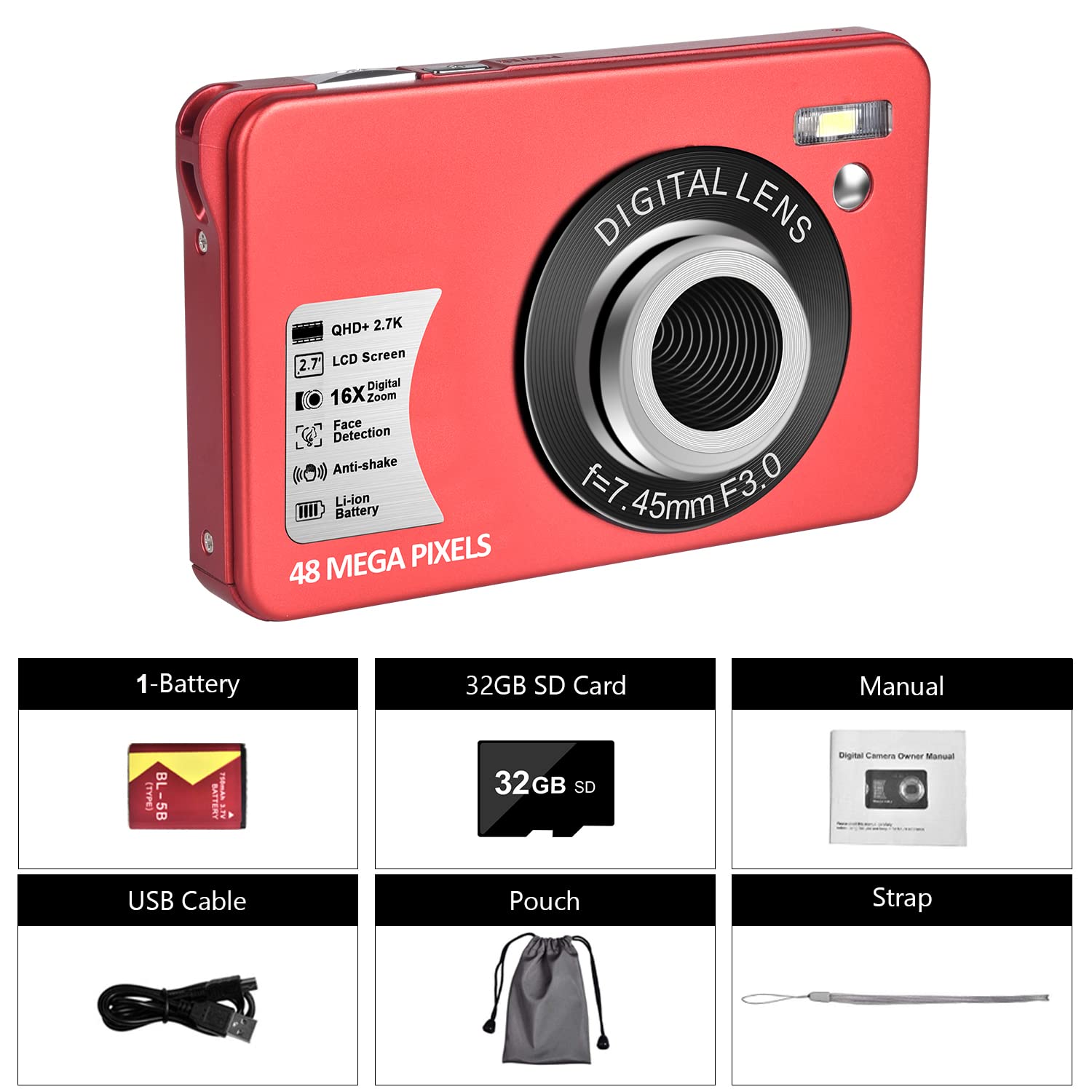 NIUBB Digital Camera, Vologging Camera 48MP 2.7K with 16X Digital Zoom Compact Camera with 32 GB SD Card and 1 Battery (Red) (DC014R)