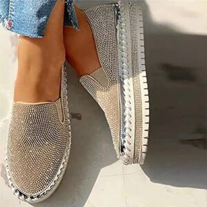 Slip On Flats Shoes for Women Ladies Fashion Platform Glitter Sequin Comfortable Loafers Casual Fitness Sneakers Outdoor Leisure Dressy Pumps Walking Shoes for Wedding Party Travel Beach