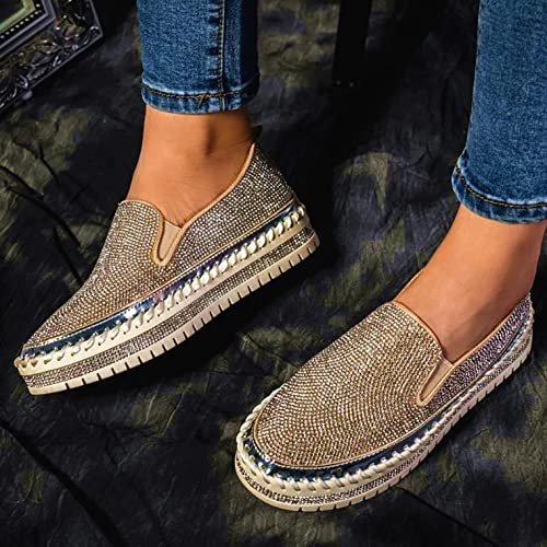 Slip On Flats Shoes for Women Ladies Fashion Platform Glitter Sequin Comfortable Loafers Casual Fitness Sneakers Outdoor Leisure Dressy Pumps Walking Shoes for Wedding Party Travel Beach