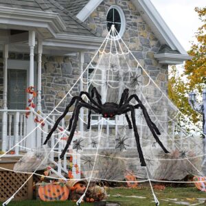 aogu 200" halloween spider web + 78" giant spider decorations fake spider with triangular huge spider web for indoor outdoor garden yard home party haunted house decor