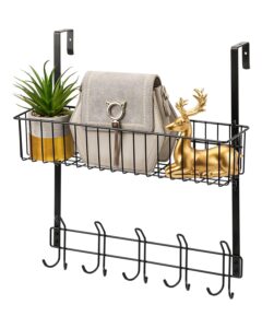 rumara over the door hanger hooks, behind door towel rack, organizer hanger with 15 racks and basket for barthroom, bedroom kitchen & pantry, back of door storage shelf for coat (1 basket)