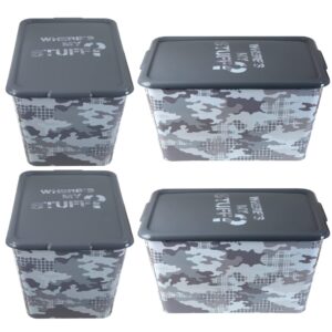 simplykleen 4-pack storage tote with lid, 14.5 gallon (58-quart) storage bins, made in the usa organizer container (grey camoflauge)