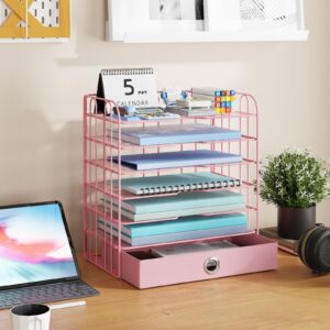 JAFUSI Paper Letter Tray Organizer with Drawer for Desk, 7 Tier Mesh Desktop File Organizer with Handle, Paper Sorter Holder Desk Tray for A4 Letter Home Office