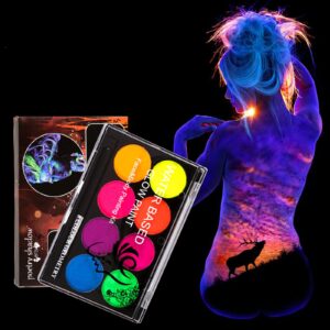 MEICOLY Glow UV Blacklight Face Paint, 8 Bright Colors Neon Fluorescent Body Painting Palette,Water Activated Eyeliner,Water Based Glow In The Dark Party Halloween Washable for Kids Adult Body Paint