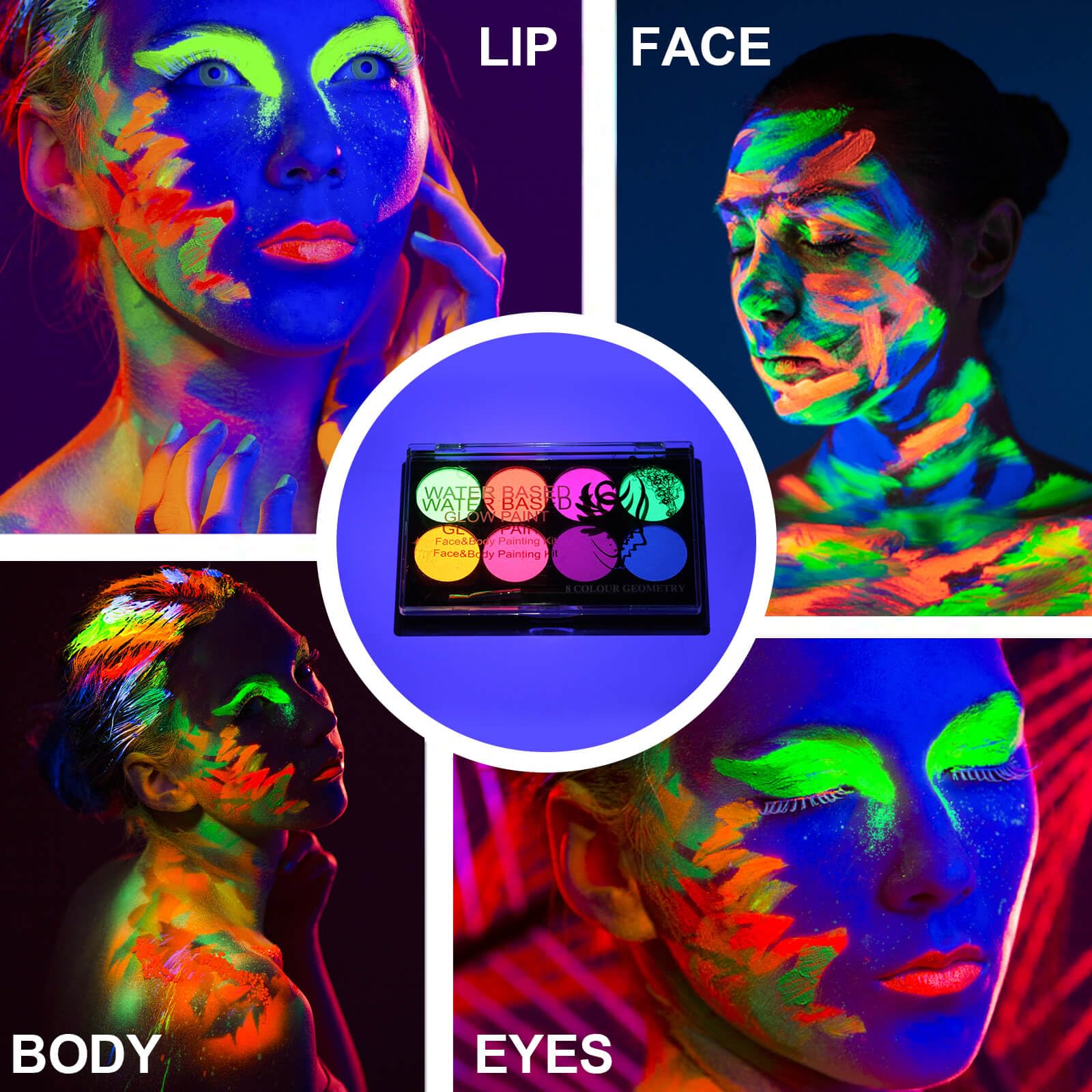 MEICOLY Glow UV Blacklight Face Paint, 8 Bright Colors Neon Fluorescent Body Painting Palette,Water Activated Eyeliner,Water Based Glow In The Dark Party Halloween Washable for Kids Adult Body Paint