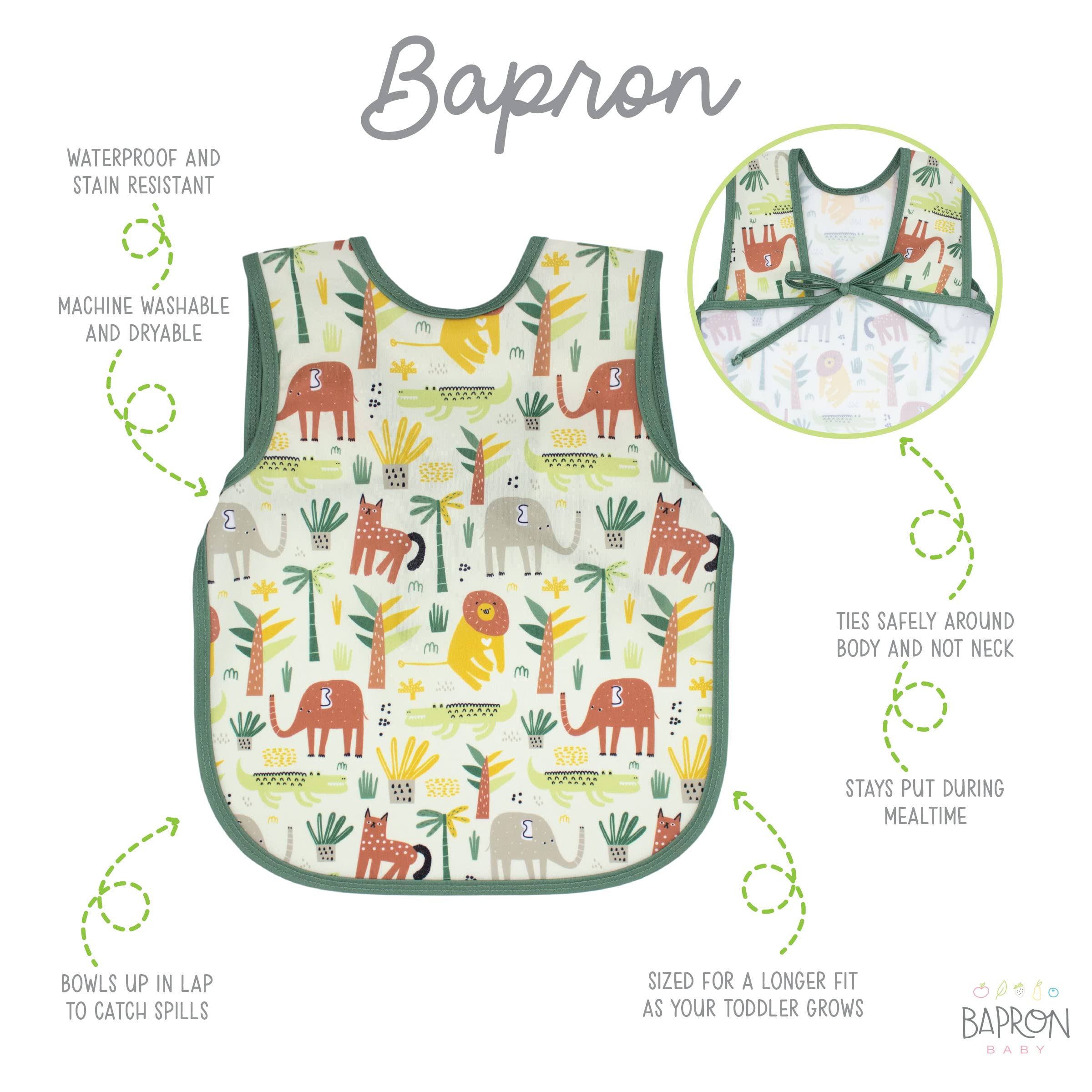 BapronBaby Safari Bapron - No Neck Tie Safer Bib for Baby & Toddler - Soft Waterproof Stain Resistant - Machine Washable - Sz Baby/Toddler 6m-3T