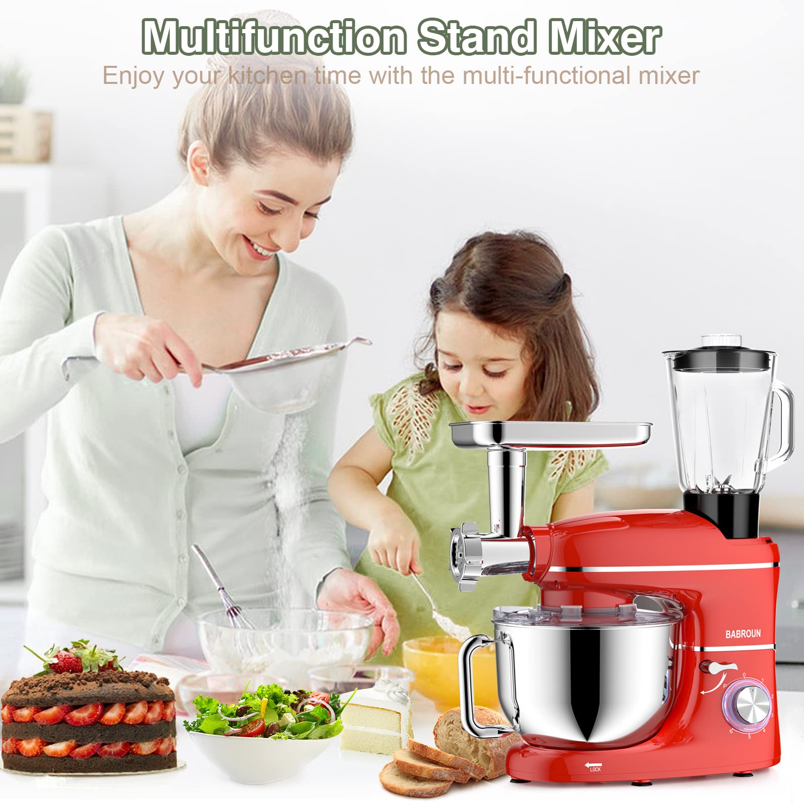 Stand Mixer, BABROUN 6 IN 1 Multifunctional Electric Kitchen Mixer with 6.5QT Stainless Steel Bowl, 1.5L Glass Jar, Meat Grinder, Dough Hook, Whisk, Beater, 6 Speeds Food Mixer for Baking Mixing