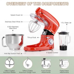 Stand Mixer, BABROUN 6 IN 1 Multifunctional Electric Kitchen Mixer with 6.5QT Stainless Steel Bowl, 1.5L Glass Jar, Meat Grinder, Dough Hook, Whisk, Beater, 6 Speeds Food Mixer for Baking Mixing