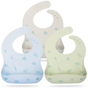 mia li silicone bibs – 3pcs waterproof silicone bib set – silicone baby bibs for girls and boys - baby bib pocket with adjustable closure – non-messy toddler bib (seashells - cloud, sage & stone)