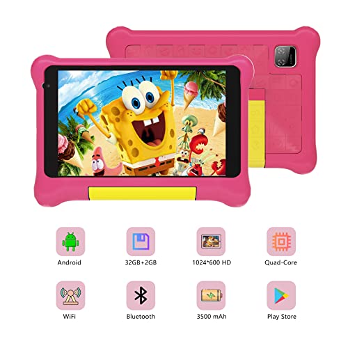 FancyDay Kids Tablet, 7 inch Tablet for Kids with Parental Control, Kidoz Installed, 2GB RAM+32GB ROM Android 12 System, Dual Camera, Toddler Tablet with Protective Case (Pink)