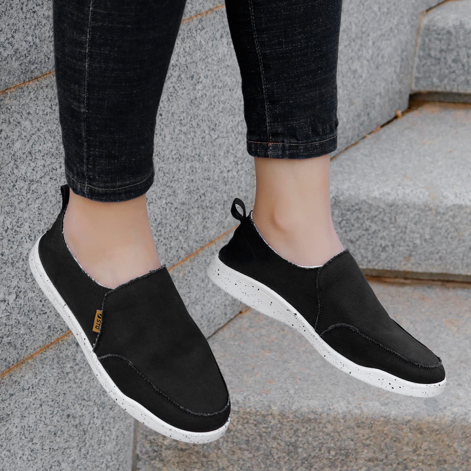 STQ Women Slip on Shoes Low Top Canvas Sneakers Comfortable with Arch Support Black US 8