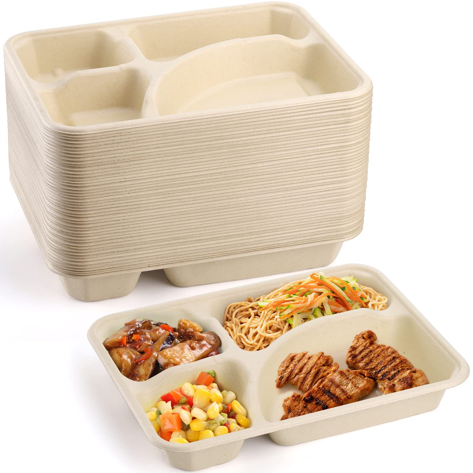 Lyellfe 50 Pack Compostable Paper Plates, Eco-friendly Natural Sugarcane 4 Compartment Plate, Heavy Duty Lunch Tray, Disposable Divided Sectional Plate, Microwave Freezer Safe for Party School