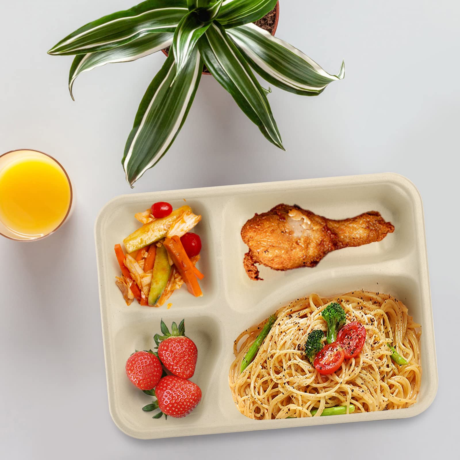 Lyellfe 50 Pack Compostable Paper Plates, Eco-friendly Natural Sugarcane 4 Compartment Plate, Heavy Duty Lunch Tray, Disposable Divided Sectional Plate, Microwave Freezer Safe for Party School